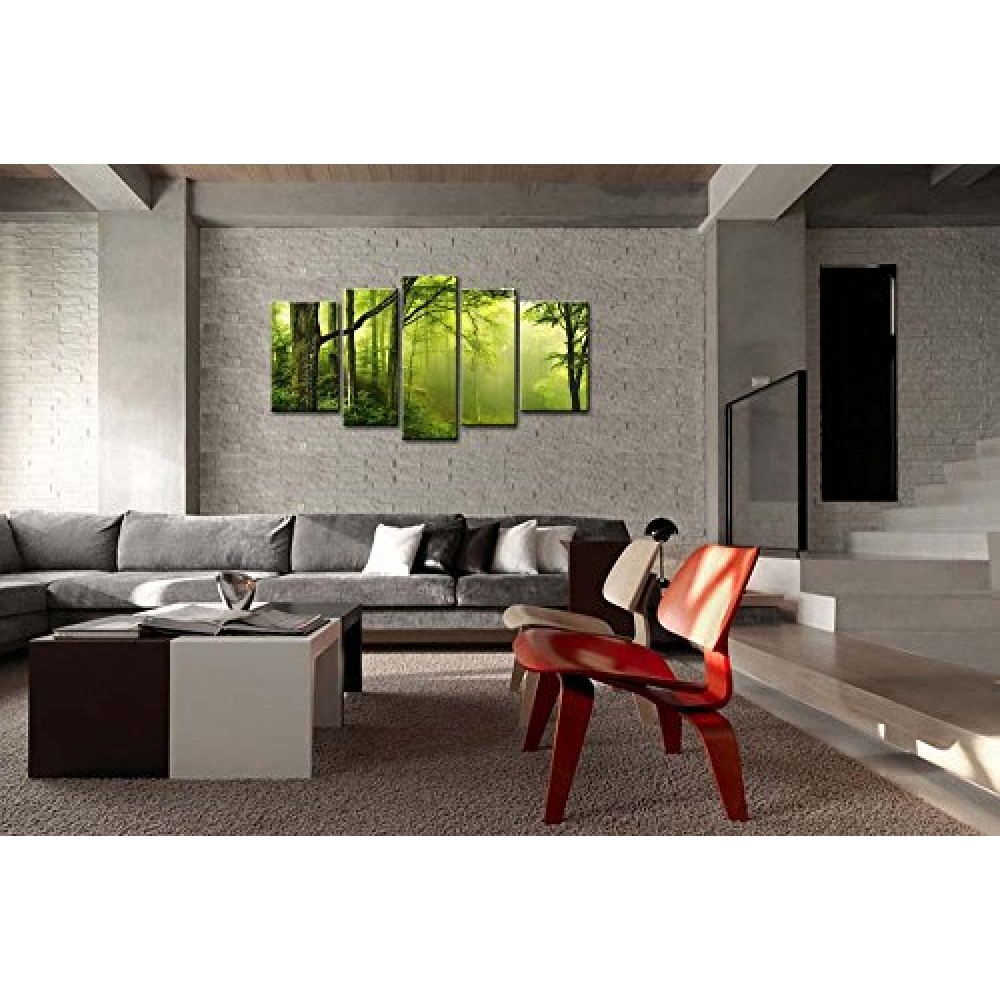 Green 5 Panel Wall Art Painting Enchanted Green Forest with Fog ...